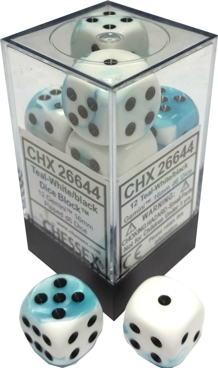 Chessex Gemini Teal Whiteblack Set Of 12 D6 Dice Frontline Gaming